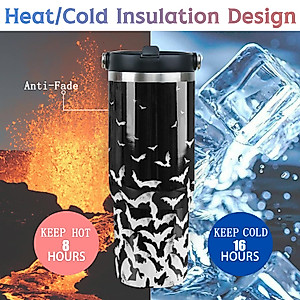 HOWSEESNOW 30oz Halloween Tumbler with Handle and Straw, Bat Insulated Leak Proof Cup, Black Goth Travel Coffee Mug, Reusable Stainless Steel Witch Tumbler, Halloween Gifts for Women