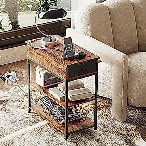 WLIVE Flip Top Side Table with Charging Station, Narrow End Table with USB Ports & Power Outlets, 3-Tier Nightstand with Storage Drawer for Living Room & Bedroom, Rustic Brown