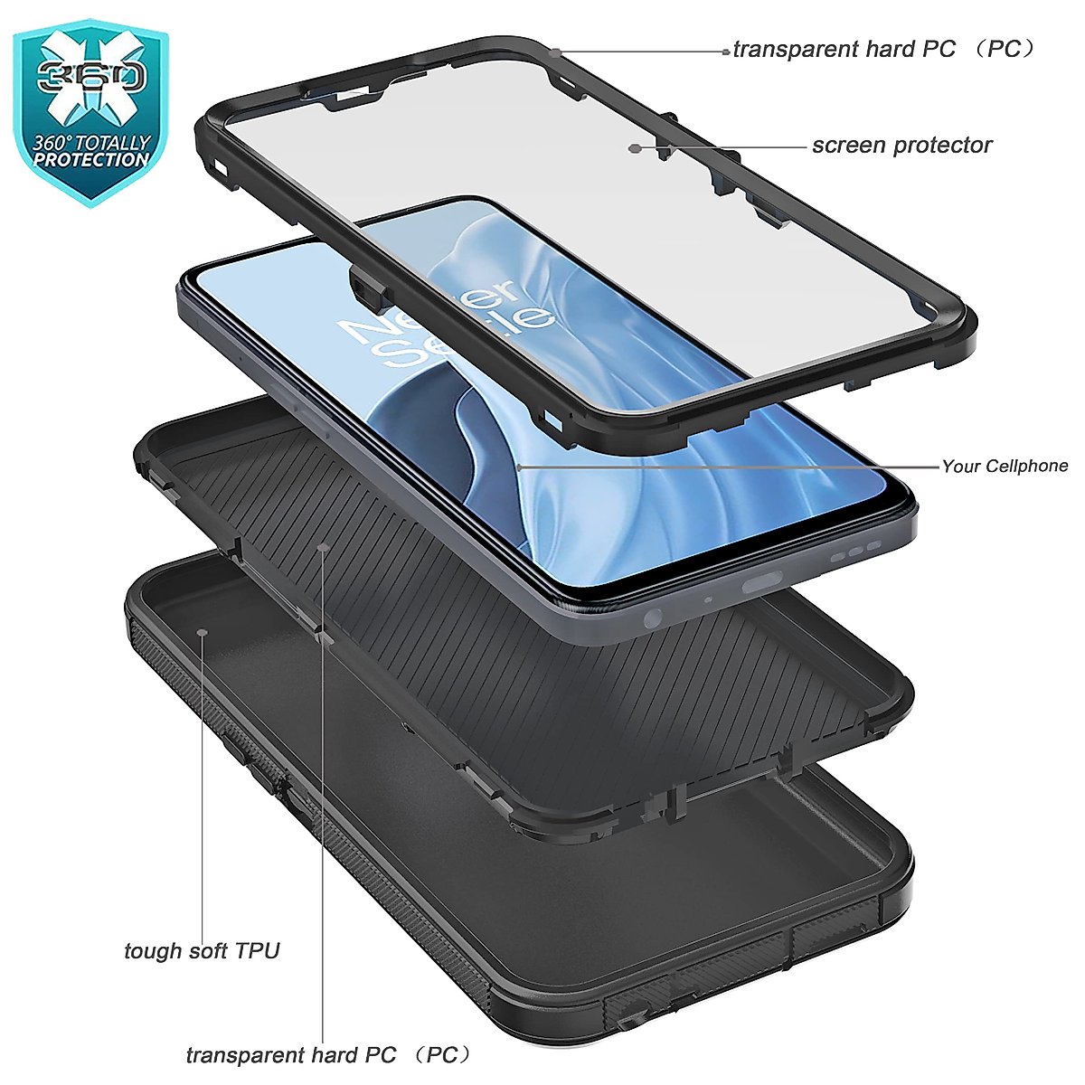 YmhxcY for OnePlus Nord N300 5G Case with Built in Screen Protector/Drop Proof 3-Layer Durable Cover,Shockproof Drop Protection Solid Rubber Case for OnePlus Nord N300 5G-Black
