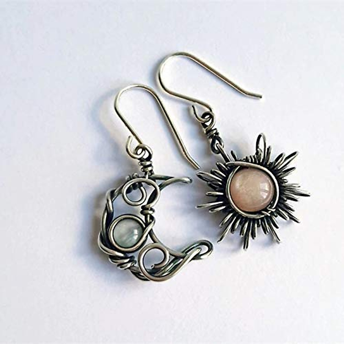 Boho Opal Sun and Moon Drop Dangle Earrings Moonstone Natural Stone Hook Bohemian for Women Asymmetrical Antiqued Silver Celestial Jewelry-Opal Red