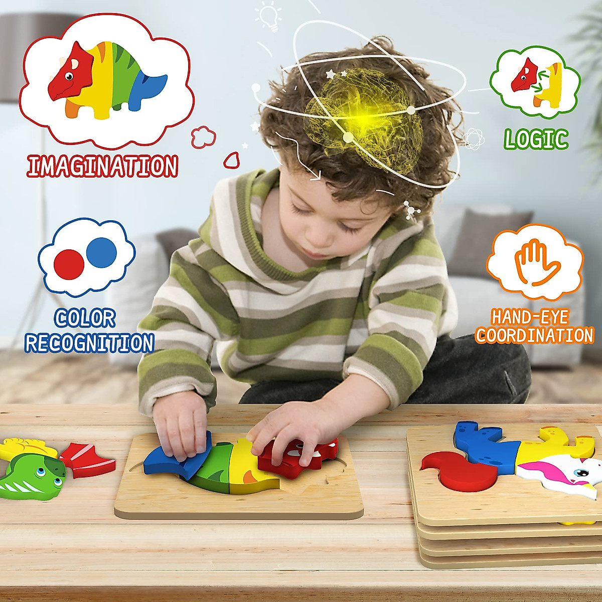 Kaodezhu Wooden Animal Puzzles for Toddlers 1 2 3 Years Old, Bright Color Learning Toys Gift with 6 Pack, Girls and Boys Montessori Toy for Educational Preschool