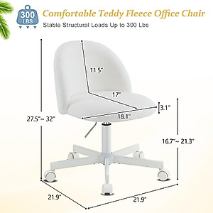 VINGLI Candy Chair Armless Cute Desk Chair,Comfy Small Office Chair with Wheels,Vanity Chair with Lumbar Support,Teddy Adjustable Rolling Swivel Computer Task Chair for Home Office,Bedroom,White