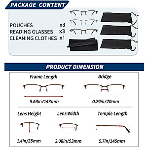 JJWELL 3 Pack Bifocal Reading Glasses for Men Blue Light Blocking, Anti Eyestrain/ Dryness/ UV Spring Hinge Bifocal Readers for Men with Pouches, Half Metal Eyeglasses (1.75)