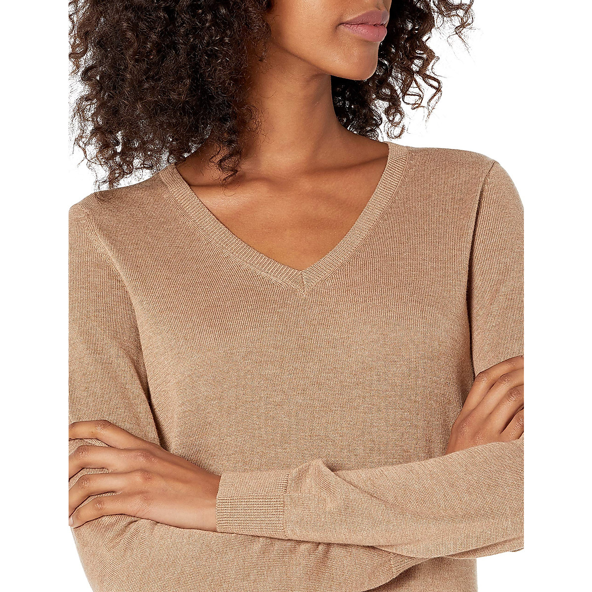 Amazon Essentials Women's Classic-Fit Lightweight Long-Sleeve V-Neck Sweater (Available in Plus Size), Camel Heather, Medium