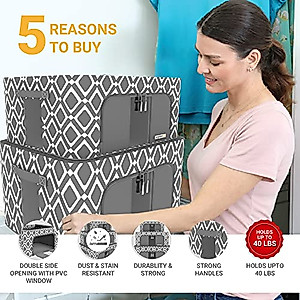 OrganizeME 3 Pack Stackable Clothes Storage Bin Metal Frame Collapsible Storage Box Foldable Bin For Blankets Cloths Comforters Closet Organiser Sturdy Handle Design with Clear Window (Graphite Grey)