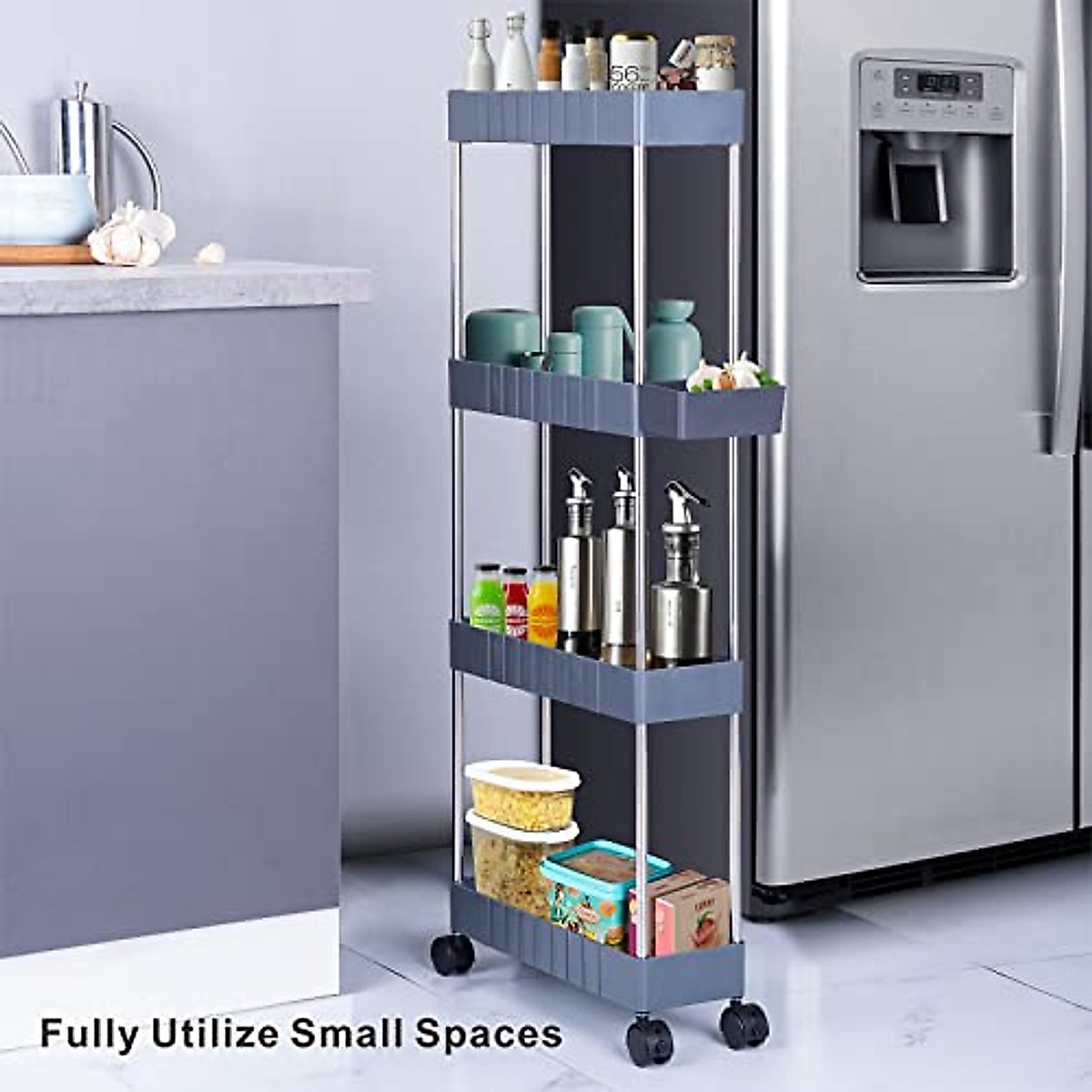 Upvoted 4 Tier Rolling Utility Cart Slide Out Mobile Shelving Unit Slim Storage Organizer for Kitchen, Living Room, Laundry Room, Bathroom, with Storage Basket, Gray