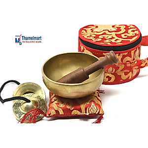 4.5" Tibetan Singing Bowl for Meditation, Sound Healing, Yoga & Sound Therapy. Made of 7 metals. Cushion Suede leather Wooden Mallet, Box & Tingsha nincluded Thamelmart … (4.5 Inch Matte)