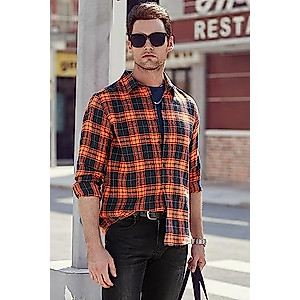 JMIERR Mens Flannels Long Sleeve Cotton Shirts Casual Fall Fashion Button Up Plaid Dress Shirt, US 46(XL), Burnt Orange