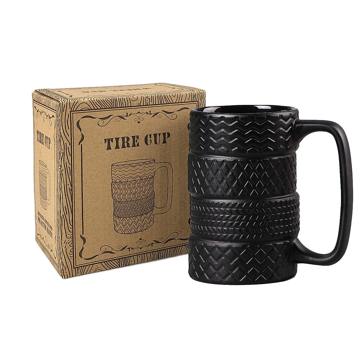 VanEnjoy 3D Cool Black Tyre Tire Shaped Frosted Ceramic Mug Large Coffee Tea Cup Unique Gifts Car Fans 14 oz(400ml)