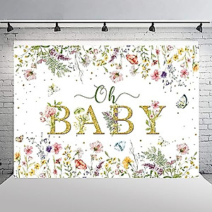 Wollmix Baby Shower Backdrop Decorations for Girl Oh Baby Banner Sign Pink Floral Flowers Butterfly Gold Dots Photography Background Newborn Party Decor Photo Booth Props Supplies Studio 7x5ft