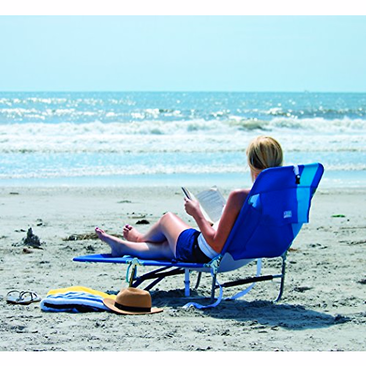 RIO beach Portable Folding Backpack Beach Lounge Chair with Backpack Straps and Storage Pouch, Blue Stripe, ·72“ x 22“ x 10"