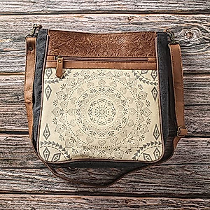 ANNGOTI Canvas & Cowhide Shoulder Bag for Women, Vintage Style with Genuine Leather, Handmade Print Crossbody Bag with Zipper Top & Adjustable Strap
