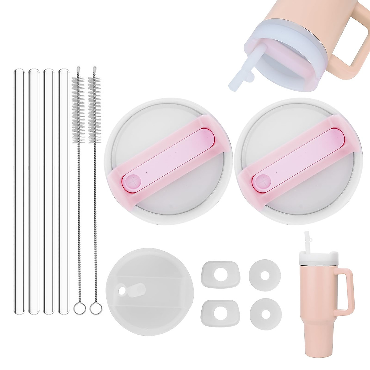 2 Pcs Replacement Lids For Stanley Cup 40 Oz Tumbler, Silicone Spill Stopper 4Pcs Set For H2.0 Stanley, Silicone Cup Lid Dust Cover With Straw Lid Cap 1 Pcs, 4 Pcs Long Reusable Stanley Straw (pink)
