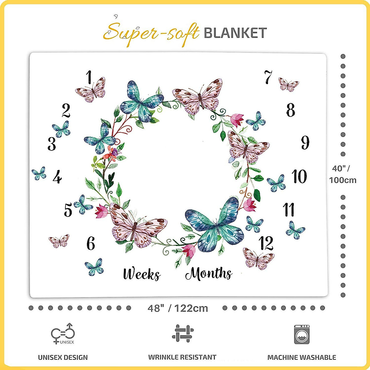 LUCKBTY Monthly Baby Milestone Blanket | Butterfly Photography Blanket with Floral Wreath & Frame Newborn Nursery Swaddle Toddler Blanket 48"x40" BTZDLU139