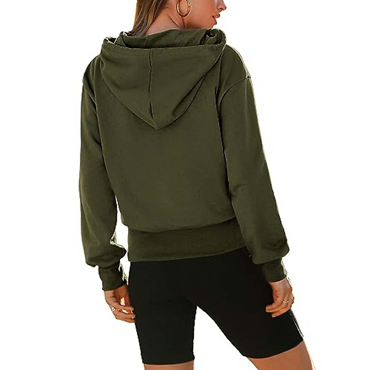 BTFBM Women's Casual Long Sleeve Cropped Hoodies Pullover Fall Winter Fashion Drawstring Sweatshirts Tops Pockets(Solid Army Green, Large)