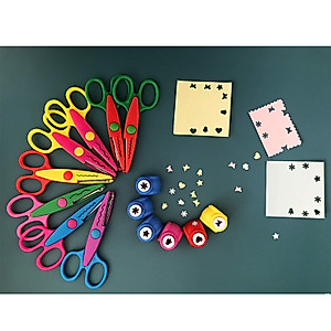 14PCS Creative Scissors & Craft Punch, 6 Different Patterns Edging Scissors + Paper Punch for Teachers Kids DIY Photo Scrapbooking Album - Colorful