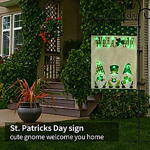 St Patricks Day Garden Flag with Lights, Welcome Gnome Shamrock Garden Flag Double Sided Yard Flags for Lawn Party St Patricks Day Outdoor Decorations 12 x 18 Inch