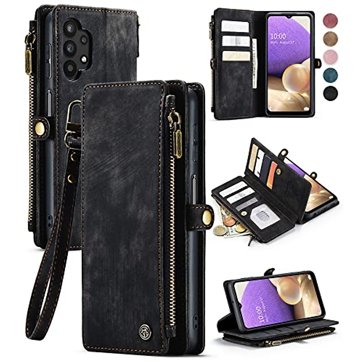 Defencase Samsung Galaxy A32 5G Case, Samsung A32 5G Wallet Case, Premium Durable PU Leather [Magnetic Flip] [Zipper Pocket] [Lanyard Strap Wristlet] [Card Holder] Phone Case for Galaxy A32 5G, Black
