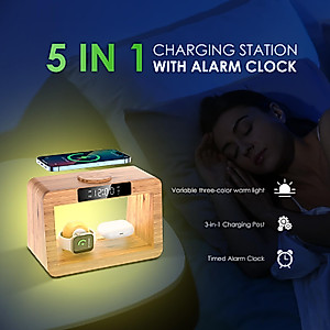 HQOBZX Bamboo Wireless Charging Station: Fast Charger with Alarm Clock, Night Light - iPhone 15/14/13/12/11 Pro Max/X/Xs Max/8, AirPods Pro, iWatch Series SE - 3-in-1 Dock for Multiple Devices