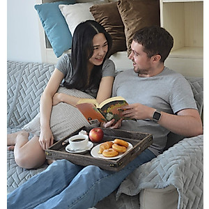 Sufandly Large Wooden Serving Tray with Handles, Rectangle Breakfast Tray 15.7 x 11.8 Inch Wood Color…