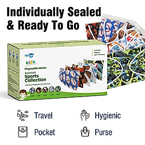 WECARE Disposable Face Masks For Kids, 50 Sport Collection Face Masks, Individually Wrapped