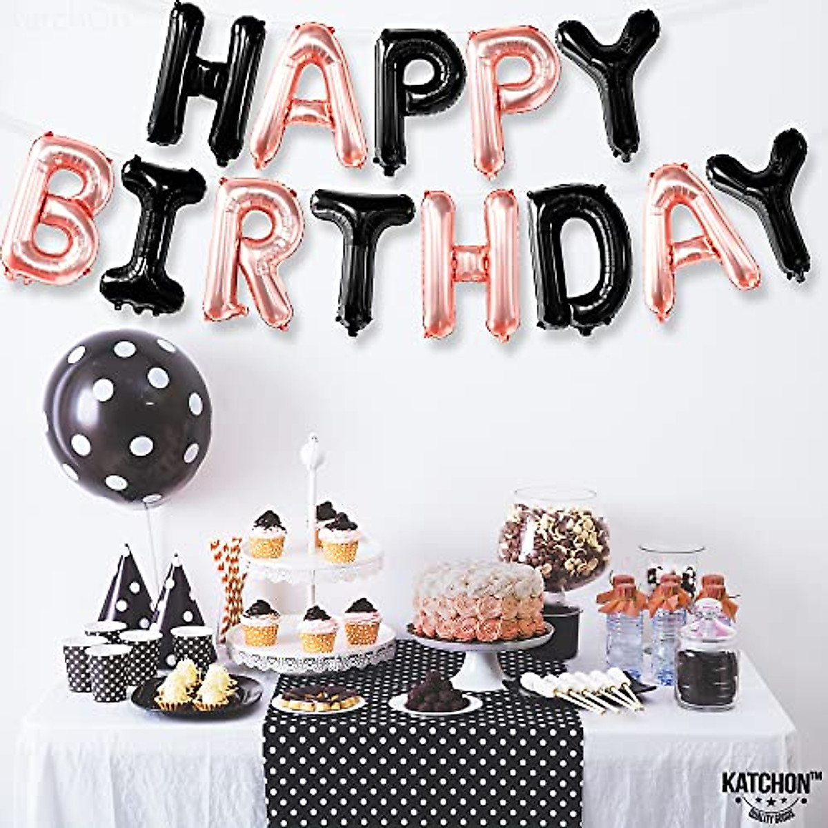 KatchOn, Happy Birthday Balloons - 16 Inch | Black and Rose Gold Happy Birthday Balloon for Happy Birthday Decorations | Black and Rose Gold Party Decorations | Black and Rose Gold Party Supplies
