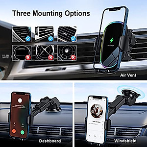 Wireless Car Charger Mount, SOARUN [Unique 7 Colors LED Dynamic Backlit] 15W Wireless Fast Charging Car Phone Holder, Auto-Clamping Wireless Car Charger for iPhone 14 Pro 13 12, Samsung S23 Ultra S22