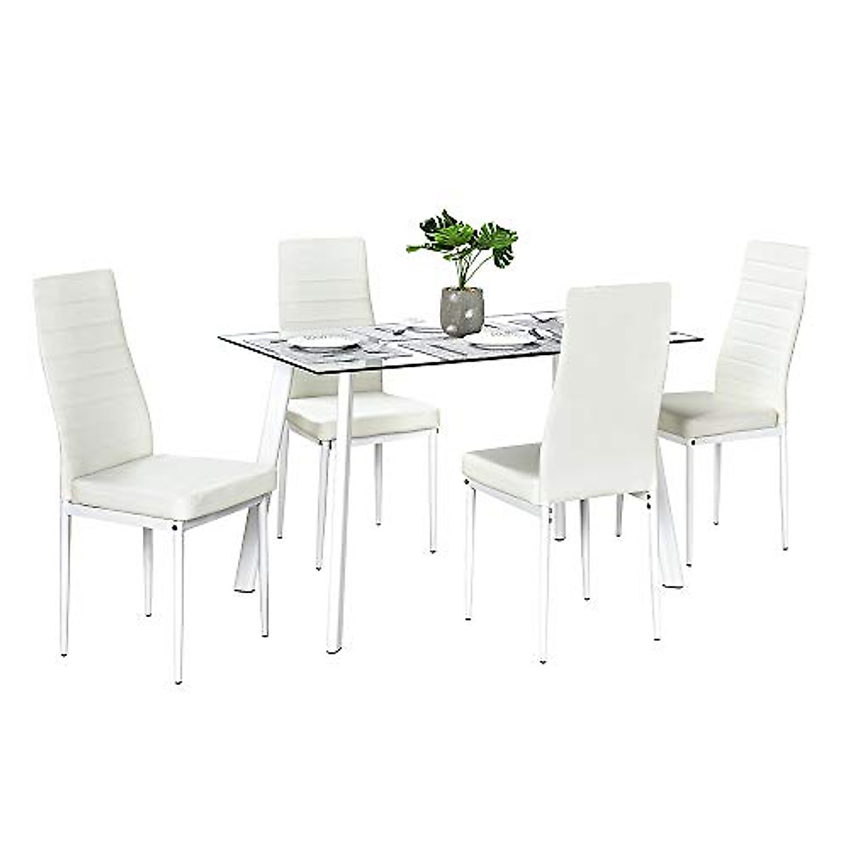 Bonnlo 5 Pieces Dining Table Set,Modern White Dining Room Table Set for 4,Small Kitchen Table and Chairs Set for 4,Glass Dinner Table Set with PU Leather Metal Frame Chairs,Clear&White