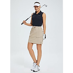 BALEAF Women's Golf Skort 18" Knee Length Skirt with Biker Shorts Pockets Stretch Elastic Waist for Tennis Hiking Khaki Size XL