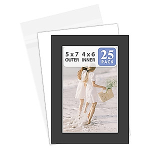 Golden State Art, Pack of 25 Black Pre-Cut 5x7 Picture Mat for 4x6 Photo with White Core Bevel Cut Mattes Sets. Includes 25 High Premier Acid Free Matts & 25 Backing Backers Board & 25 Clear Bags