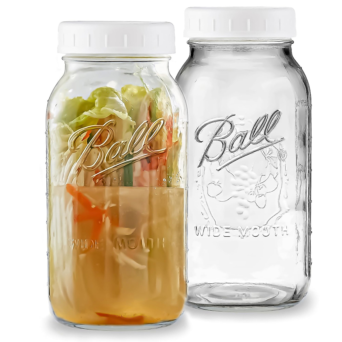 Wide Mouth Mason Jars 64 oz - (2 Pack) - Ball Wide Mouth 64-Ounces Half Gallon Mason Jars with White M.E.M Food Storage Plastic Lid. For Storage, Freezing, Leak Proof, Microwave & Diswasher Safe
