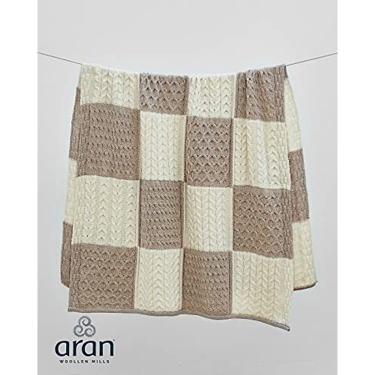 Aran Woollen Mills Patchwork Intarsia Merino Wool Irish Blanket,Wicker/White,One Size