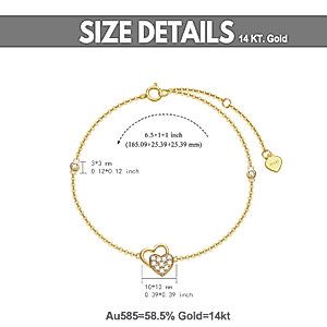 SISGEM 14K Real Gold Hearts Beaded Bracelets for Women,Yellow Gold Love Bracelet Three Hearts Jewerly Gifts for Birthday Christmas 6.5+2 inch