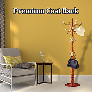 High-Grade Coat Rack Freestanding Coat Rack Stand, Wooden Coat Rack Stand with 14 Hooks, Coat Rack Wooden Tree for Coats, Hats, Bags, Purses, for Entryway Hallway Foyer Office Closet (Mahogany color)