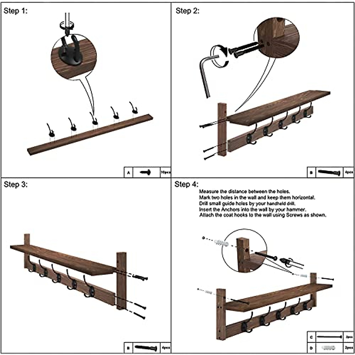 AMBIRD Wall Hooks with Shelf 28.9 Inch Length Entryway Wall Hanging Shelf Wood Coat Hooks for Wall with Shelf Wall-Mounted Coat Hook Rack with 5 Dual Hooks for Bathroom, Living Room, Bedroom (Brown)
