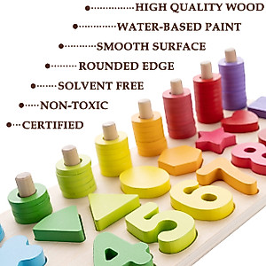 TOYLI Educational Math Learning Board and Puzzle Wooden 4 in 1, Wooden Stacking Toy