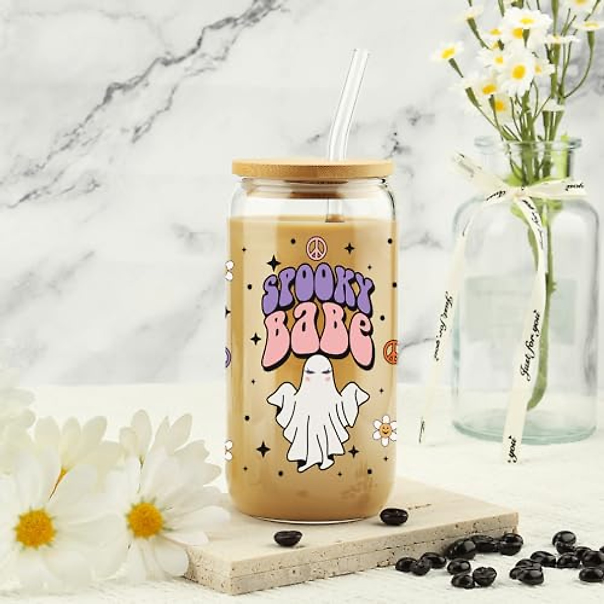 Gifts for Her, Halloween Sister Friend Gifts, Spooky Season Gift, Halloween Glass Can Cups, Stay Spooky GIced Coffee Cup, Fall Glass Cups, Halloween Gifts, Halloween Lover 16 OZ Cup with Lid and Straw