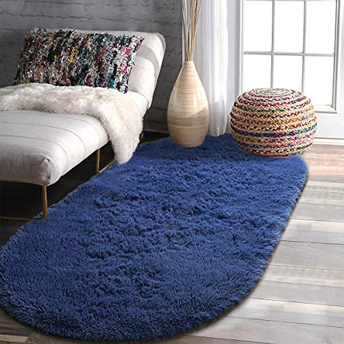 YOH Fluffy Shag Fur Area Rugs for Bedroom Girls Rooms Kids Rooms Nursery Decor Mats Non-Slip Plush Furry Fur Rugs Indoor Home Accent Floor Carpet, Oval 2.6'x5.3', Indigo