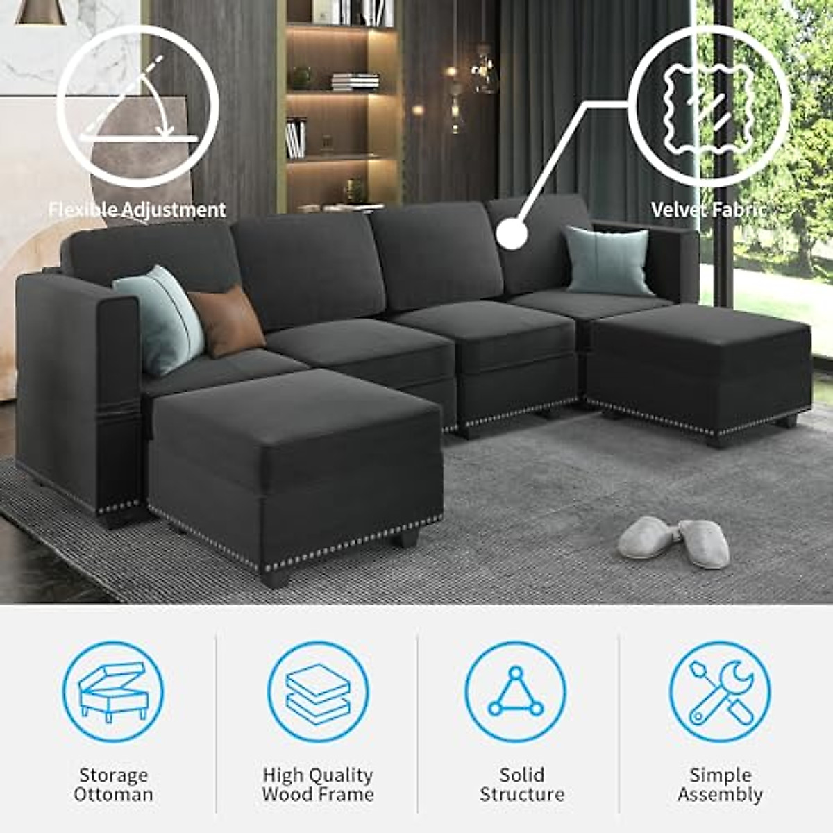 Mjkone Modular Sectional Sofa with Adjustable Armrest and Backrest for Living Room，U Shaped Couch 6 Seater Convertible Sectional Couch with Storage Ottoman -Dark Grey