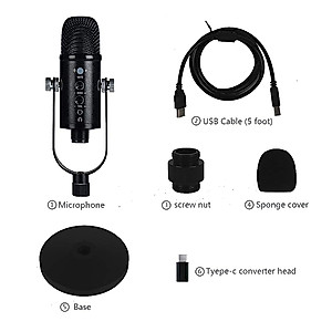 USB Microphone, Condenser Computer Microphone for Streaming, Gaming, YouTube Recording, Plug and Play,Headphone Output and Volume Control,Quick Mute Button,Compatible with Laptop, Phone (Black)