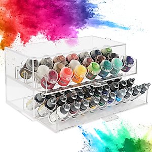 CraftyBook Acrylic Paint Storage Organizer - 50 Bottle Miniature, Hobby, Enamel, Model Paint Holder - 2 Drawer Clear Acrylic Craft Storage - Desktop Art Organization Container for Craft Room Studio