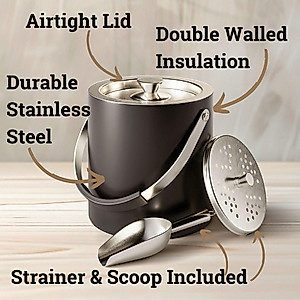 Insulated Ice Bucket with Lid, Strainer, Scoop & Handle - 3L Stainless Steel Double Wall Ice Bucket - Black Ice Bucket for Cocktail Bar - Ice Bucket with Scoop - Large Ice Buckets for Parties with Lid
