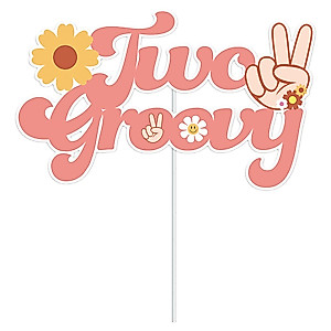 11Pcs Groovy Party Decorations, 2Pcs Two Groovy Banner 1PC Cake Toppers 8Pcs Hippie Party Cupcake Toppers Smile Daisy Flower Victory Peace Love Toppers for Baby Shower 2nd Birthday 70s Theme Boho