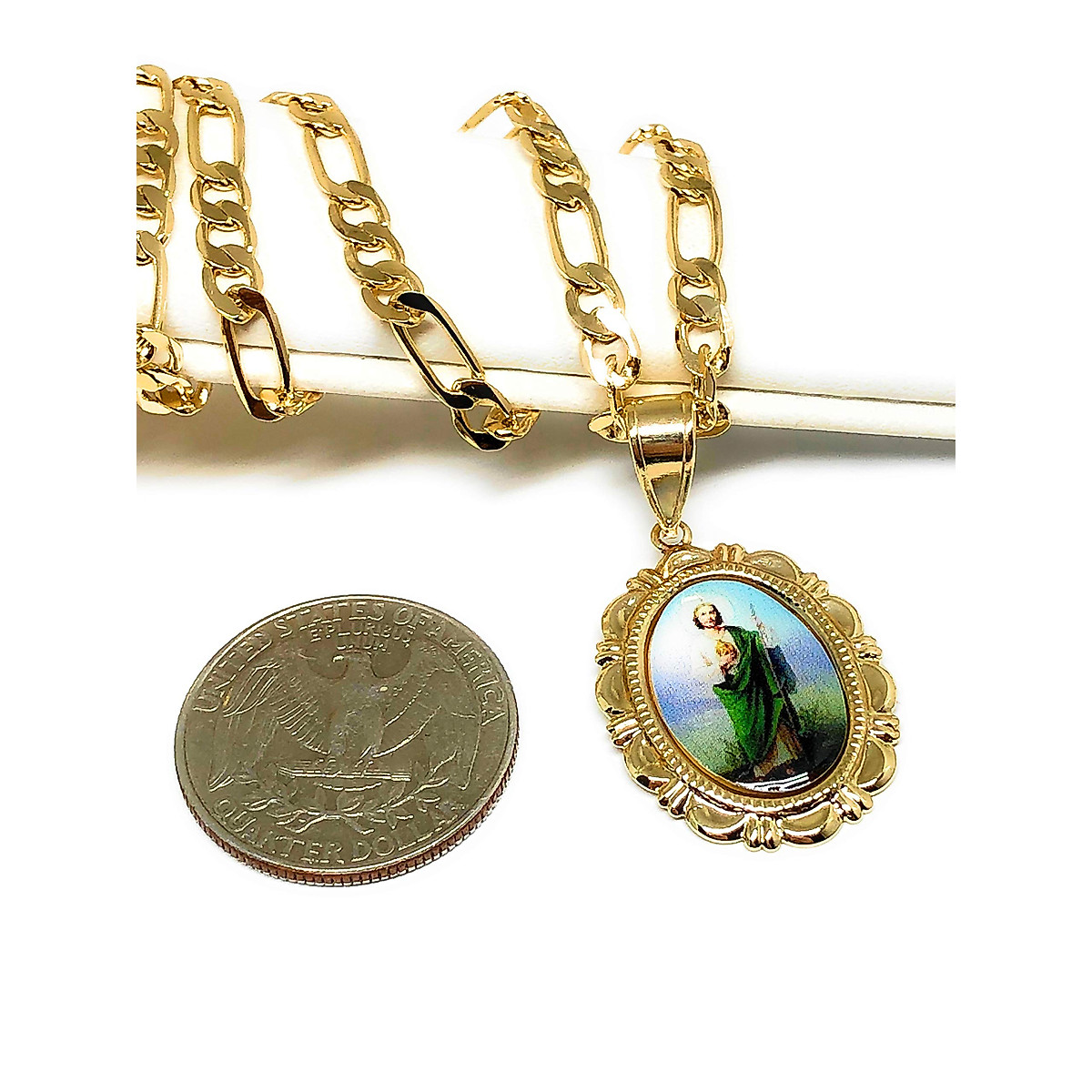 Gold Plated Saint Jude Pendant Necklace Figro 26" San Judas Tadeo Medalla Oro Laminado Figaro