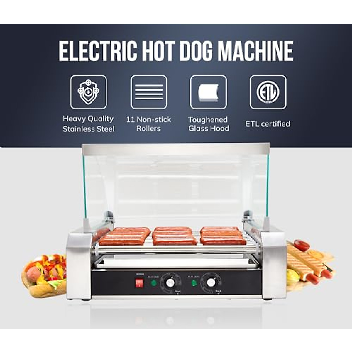 SYBO Hot Dog Roller, 30 Hot Dogs 11 Rollers Grill Cooker Machine with Removable Stainless Steel Drip Tray and Glass Hood Cover, 1430-Watts, Perfect for Commercial And Party
