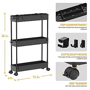SPACELEAD Slim Storage Cart,3 Tier Bathroom Rolling Utility Cart Storage Organizer Slide Out Cart, Mobile Shelving Unit Organizer Trolley for Office Bathroom Kitchen Laundry Room Narrow Places, Black