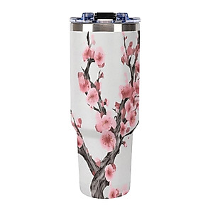 Cherry Blossom Tree Branch 40 Oz Tumbler with Handle And Straw Stainless Steel Vacuum Insulated Tumblers Reusable Keep Drinks Cold Coffee Cup Holder Friendly Gifts for Women Men Car Gym Travel