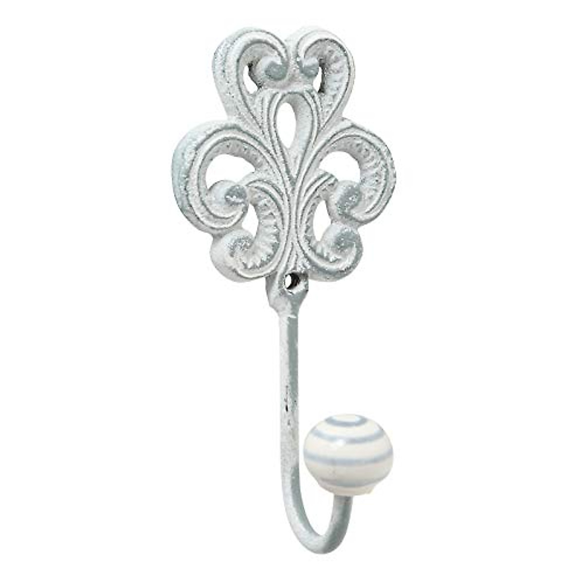 Romantic Chateaux Wall Hooks, Set of 3, Shabby French Country Style, Rustic White Finish, Cast Iron, Vintage Inspired, Striped Porcelain Caps, Each 2 3/4 L x 1 1/2 W x 5 1/2 H inches