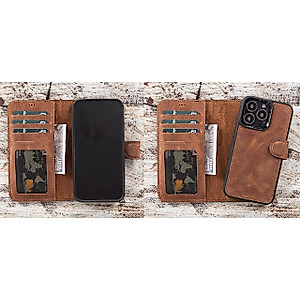 VENOULT Vintage Leather Compatible with iPhone 14 Pro MAX Wallet Case, 14 Pro / 14 Plus Genuine Leather Magnetic Detachable, Wireless Charge and Car Mount Compatible, HANDMADE