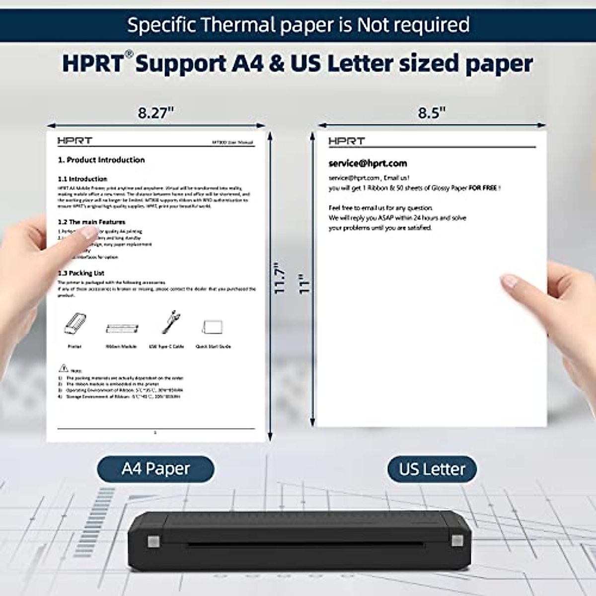 HPRT MT800 Thermal Transfer Portable Printer Support 8.5" X 11" US Letter & A4 Paper Bluetooth Wireless Travel Printer Compatible with Android and iOS,Suitable for On The Go